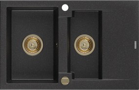 Mexen Gaspar, granitový dřez 737x475x177 mm, 1,5-komorový, černá-stříbrná metalíza se zlatým sifonem, 6507731505-73-G