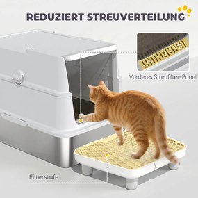 PawHut XL krytá kočičí toaleta z nerezové oceli s lopatkou a osvěžovačem – světle šedá