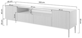 TV stolek Nicole 200 cm s výklenkem - bílý mat / černé nožky