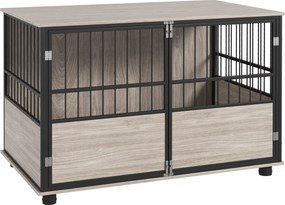 PawHut Vnitřní Psí Kotec, Koncový Stolek, 100 x 60 x 68 cm, pro psy do 30 kg, 3 zamykací dveře, snadná montáž, vzhled černého dřeva | Aosom