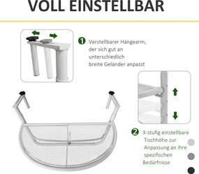 Outsunny balkonový závěsný stolek výškově nastavitelný půlkruhový zahradní stolek Ø30 cm na terasu Kov Bílá D60 x Š45 x V50 cm | Aosom.de