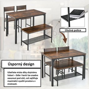 Costway Jídelní sestava 4-dílná rustikální (1 stůl, 1 lavice, 2 židle), černo-hnědá KC59325CF