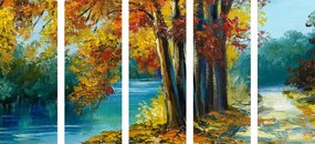 5-dílný obraz malované stromy v barvách podzimu - 200x100 cm