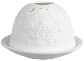 Bílý porcelánový svícen na čajovou svíčku s vánoční vesničkou Paollo - Ø 12 * 8 cm