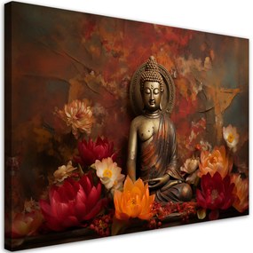 Gario Obraz na plátně Socha meditujícího Budhy a barevné květiny Rozměry: 60 x 40 cm