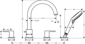 Hansgrohe Vernis Shape, baterie na okraj vany, 4-otvorová instalace, černá matná, 71459670
