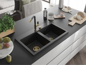 Mexen Hektor, 2-komorový granitový dřez 800x480x205 mm, černá-stříbrná metalíza, zlatý sifon, 6521802000-73-G