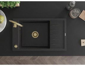 Mexen Elias, granitový dřez granitový 795x480x200 mm, 1-komorový, černá-stříbrná metalíza se zlatým sifonem, 6511791005-73-G
