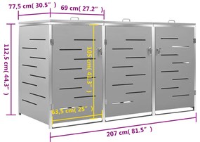 vidaXL Marketos Přístřešek na tři popelnice 207 x 77,5 x 112,5 cm nerezová ocel