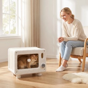 PawHut Kočičí dům ve stylu TV, kočičí jeskyně s houpací sítí a hracím míčkem, škrábací rohož z lnu, pro kočky do 7 kg, 50 x 33 x 42 cm