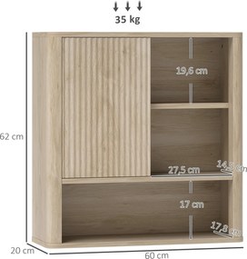 HOMCOM Nástěnná skříňka do koupelny s nastavitelnými policemi, sklápěcími dveřmi a zakřiveným designem 60x20x62 cm Přirodní