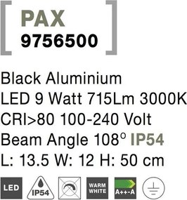 NV 9756500 Venkovní sloupkové svítidlo PAX černý hliník LED 9W 3000K 100-240V 108st. IP54 - NOVA LUCE