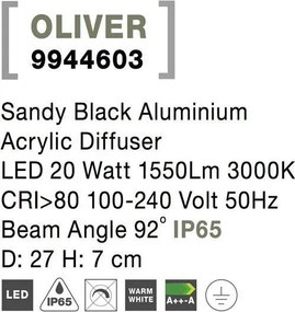 NV 9944603 Venkovní stropní svítidlo OLIVER černý hliník akrylový difuzor LED 20W 3000K 100-240V 92st. IP65 - NOVA LUCE
