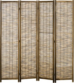 HOMCOM 4-panelový skládací paravan 160 cm x 1.8 cm x 170 cm Rustikální dřevěný a rákosový oddělovač místností pro kancelář, ložnici, obývací pokoj