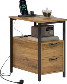 HOMCOM Odkládací stolek, noční stolek s 2 zásuvkami, USB port, 1 port typu C, kabel 143 cm, zásuvky a polička, přírodní dřevo