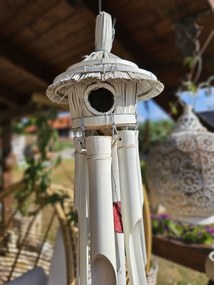 Přírodně - bílá bambusová zvonkohra s ptačí budkou - 16*16*130cm