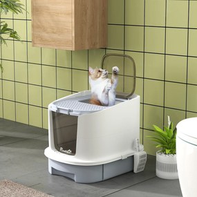 PawHut Záchod pro kočky s víkem Vstup přes hlavu Výsuvná vanička s lopatkou pro kočky do 4,5 kg, 40,5x52,5x42,5 cm Šedá barva