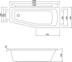 Aqualine Opava A1671 asymetrická vana 160 x 70 cm akrylátová pravá