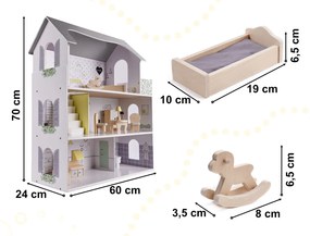 IK Dřevěný domeček pro panenky + doplňky, 70 cm, šedý