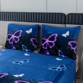Sada mikroplyšového povlečení VIOLET BUTTERFLY tmavě modré + prostěradlo mikroplyš SOFT 90x200 cm bílé, jednolůžko