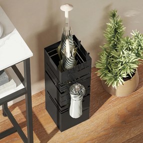 HOMCOM kovový stojan na deštníky s 4 háčky a odnímatelnou miskou, černý — do předsíně nebo kanceláře, 15,5 × 15,5 × 49 cm