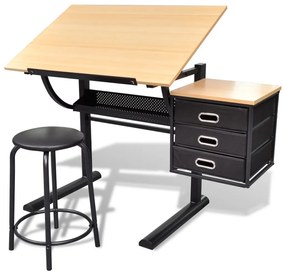 vidaXL Náklopný kreslicí stůl s židlí a třemi zásuvkami