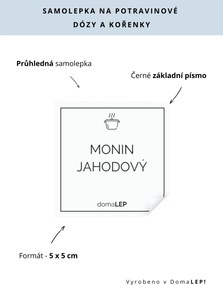 Samolepka na láhev MONIN JAHODOVÝ 5 x 5 cm – průhledná vinylová, voděodolná, omyvatelná samolepka na dózy, základní písmo