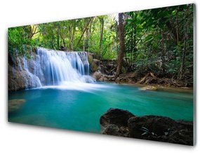 Obraz na skle Vodopád Jezero Les Příroda 125x50 cm