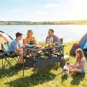Skládací pojízdný piknikový stůl Přenosný kempinkový stůl se síťovaným podnosem a taškou na přenášení pro venkovní použití, černý