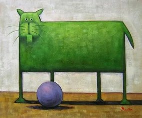Zelená kočka s míčem - 50 x 60 cm