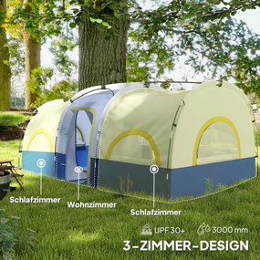 Outsunny Tunneltent, Stan pro 6 Osob se 3 Místnostmi, UV Ochrana, Síťová Okna, Odolný Rodinný Stan s Přenosnou Taškou, 3000mm Voděodolný Skupinový St…