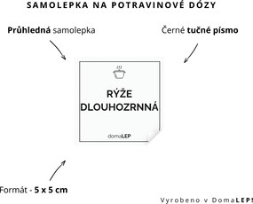 RÝŽE DLOUHOZRNNÁ - omyvatelná samolepka na dózu, výběr rozměrů Ø 5 cm / 5 x 5 cm / 6 x 8 cm | DomaLEP tvar: OBDÉLNÍK, barva: PRŮHLEDNÁ - ČERNÉ písmo, velikost: š. 6 cm x v. 8 cm - tučné písmo