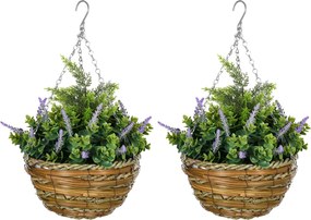 Outsunny Sada 2 Umělých Levandulových Rostlin s Květináčem a Hákem, PE a Proutí umělé rostliny, Ø25x34 cm, Zelené a Fialové | Aosom