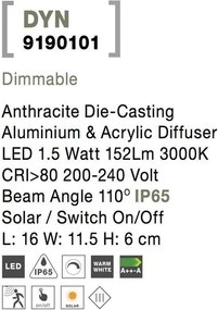 NV 9190101 Venkovní nástěnné svítidlo DYN antracitový hliník a akrylový difuzor LED 1.5W 3000K 3.7V 110st. IP65 solární / vypínač na těle / pohybové čidlo - NOVA LUCE