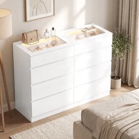 HOMCOM komoda se 8 zásuvkami a 2 přihrádkami na šperky, horní deska z tvrzeného skla, LED osvětlení a ovládání přes Bluetooth, bílá