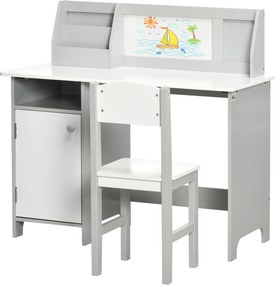 HOMCOM Dětská sada stolu a židle s tabulí, dřevěný studijní stůl pro děti od 5 let, dětský psací stůl 90x45x85 cm Šedý