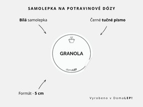 GRANOLA - omyvatelná samolepka na dózu, výběr rozměrů Ø 5 cm / 5 x 5 cm / 6 x 8 cm | DomaLEP tvar: KOLEČKO, barva: BÍLÁ - ČERNÉ písmo, velikost: Ø 5 cm - tučné písmo