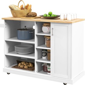 HOMCOM Kuchyňský Ostrov Trolley, Vozík, Kuchyňský Vozík, 7 Otevřených Přihrádek, 1 Skříňka s Dveřmi, 129 x 51 x 93 cm, Dřevo a Bílá