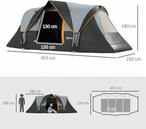 Kempinkový stan pro 5-6 osob, rodinný stan, přenosná taška, 4,55x2,2x1,8m, světle šedý/černý