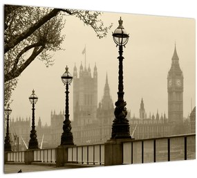 Skleněný obraz - Londýn v mlze, Anglie (70x50 cm)