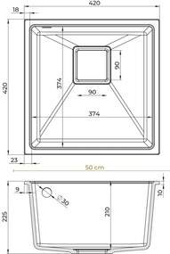 Sink Quality Argon 50, kuchyňský granitový dřez 420x420x225 mm + chromový sifon, bílá, SKQ-ARG.W.1KBO.50.X