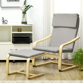 HOMCOM sada 2 lounge křesel s taburetem a područkou, opěrka hlavy, lněný potah, polyesterový polštář na nohy, eukalyptus, světle šedá 66,5 x 80 x 99 …