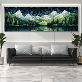 Obraz na plátně - Sněžné vrcholy nad lesním jezerem FeelHappy.cz Velikost obrazu (šířka x výška): 240 x 80 cm