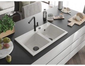 Mexen Hektor, 2-komorový granitový dřez 800x480x205 mm, bílá, grafitový sifon, 6521802000-20-B
