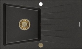 Mexen Cesar, granitový dřez 775x470x190 mm, 1-komorový, černá-zlatá metalíza se zlatým sifonem, 6514771010-75-G