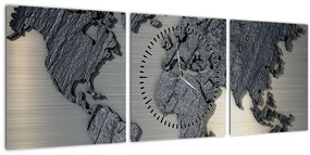 Obraz - Mapa světa v kovovém designu (s hodinami) (90x30 cm)