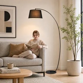 HOMCOM Stojací lampa, zakřivená stojací lampa s látkovým stínidlem, podlahová lampa s kulatou základnou, kov, 105D x 47Š x 190V cm, černá