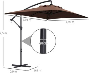 Zastřešení Outsunny 294x193 cm s křížovou základnou a klikou - Voděodolný slunečník s UV ochranou pro terasu a balkon hnědý