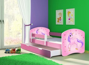 Dětská postel - Poník jednorožec 2 160x80 cm + šuplík růžová