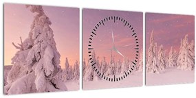 Obraz - Stromy pod sněhovou přikrývkou (s hodinami) (90x30 cm)